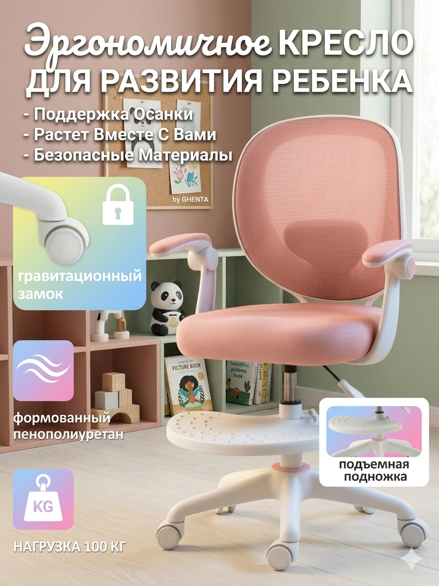 Компьютерное кресло детское GHENTAрегулируемый розовый стул для уроков и дома с подставкой для ног защитой позвоночника