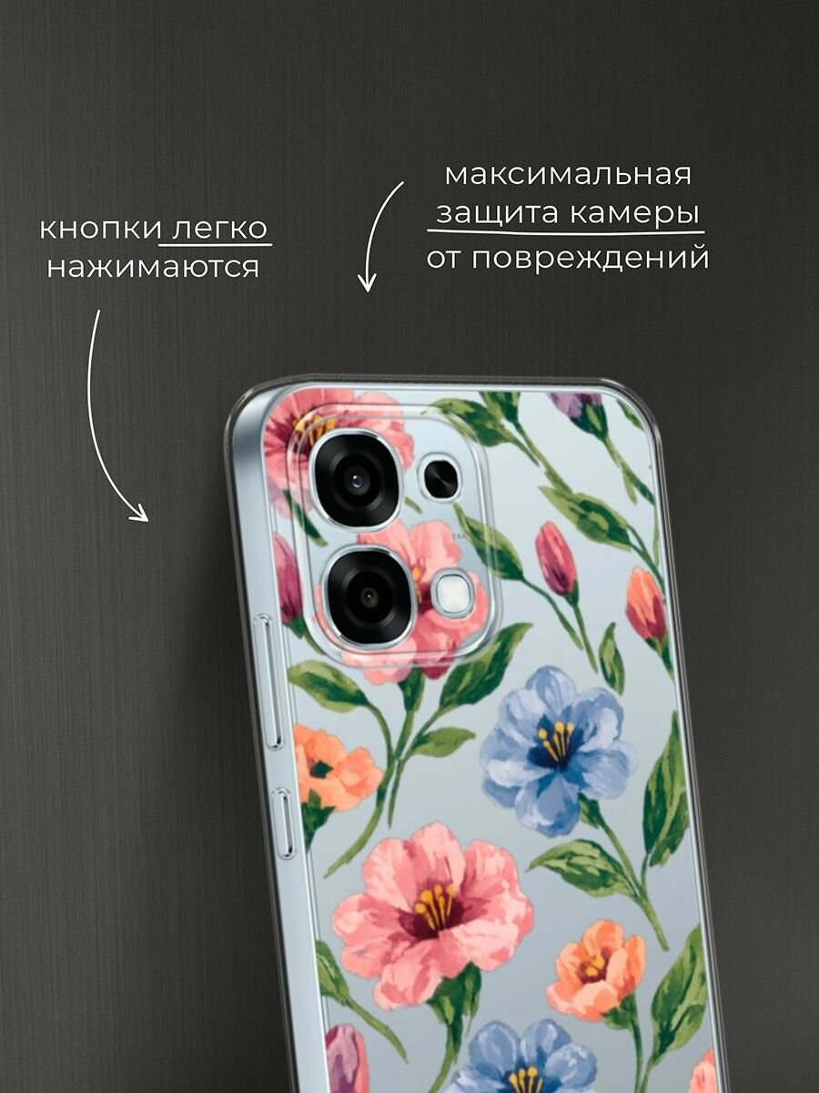 Чехол на Oppo A6 Pro / Оппо A6 Про с принтом Акварельные цветы и бутоны, прозрачный — фото 1