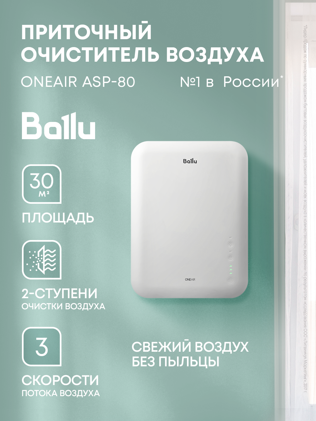 Очиститель воздуха Ballu ONEAIR ASP-80, 3 скорости, 80 м³/ч, HEPA H13, встраиваемый, белый