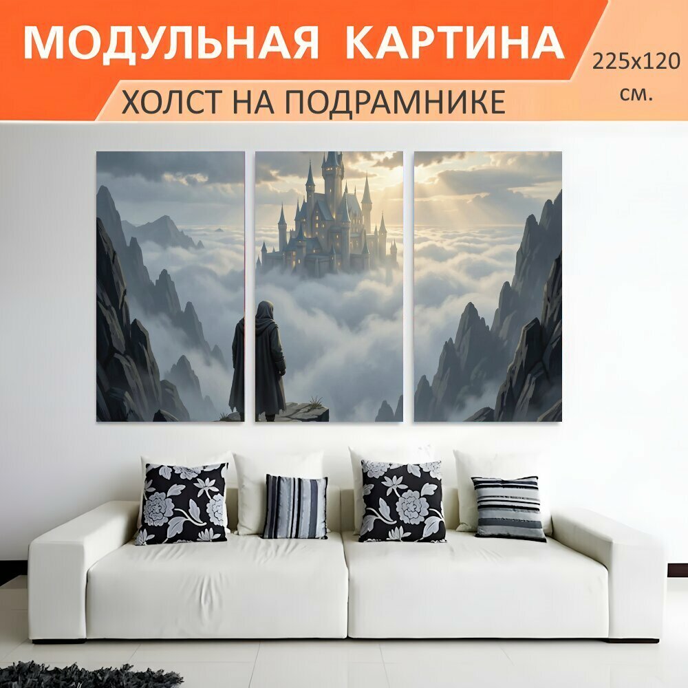 Модульная картина на холсте "Замок в облаках у гор. Фэнтезийная сцена с величественным дворцом над морем тумана, силуэт путника на." триптих на подрамнике 225х120 см. для интерьера