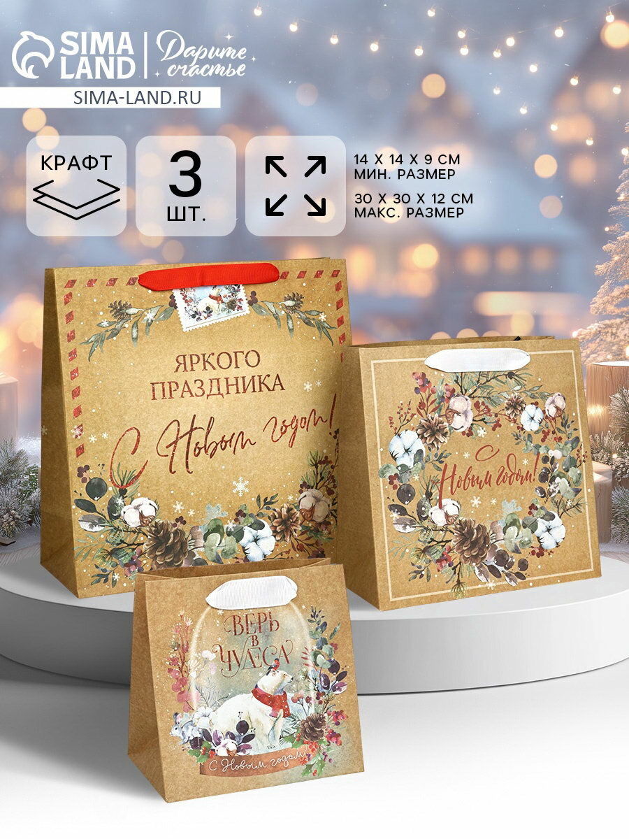 Набор пакетов подарочных новогодних "Верь в чудеса", 3 шт, 14x14x9 см, 22x22x11 см, 30x30x12 см
