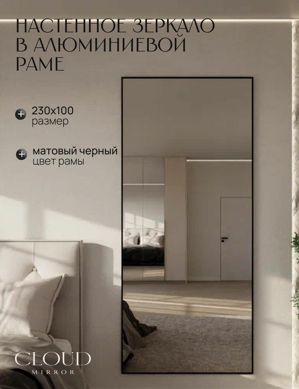 Зеркало настенное 230х100 см. черное в алюминиевой раме интерьерное CLOUD MIRROR