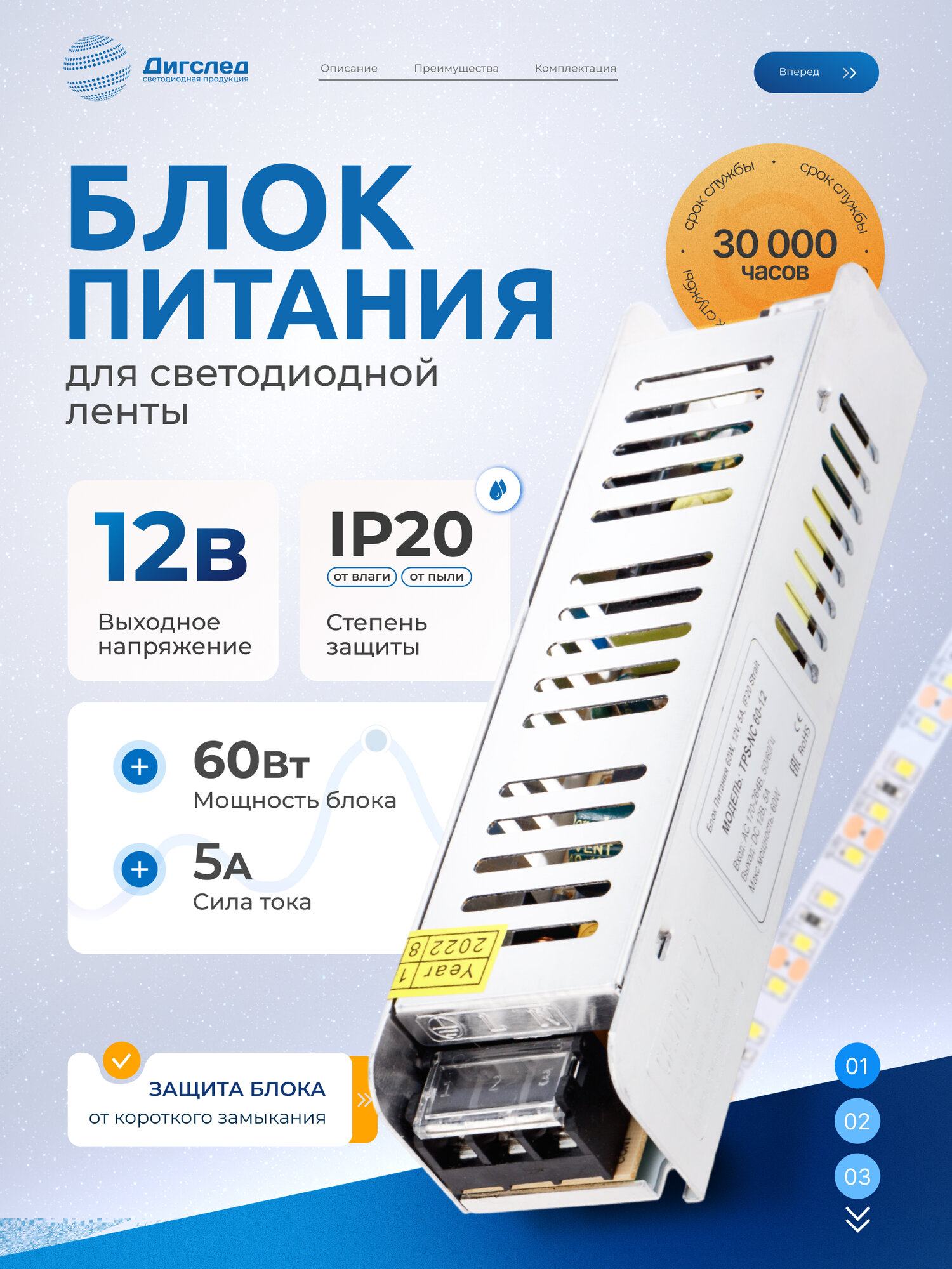 Блок питания 12В / 60Вт для LED-ленты, светодиодной ленты, люстры, лампы, модулей, драйвер 12V /60W, 5А, IP20 DIGSLED