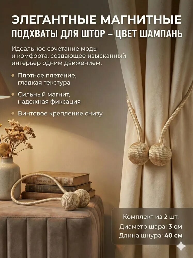 Аксессуар для штор-Подхваты на магнитах/ Светло-бежевый- 2ШТ/ Держатель