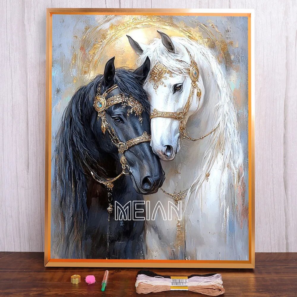 MEIAN Набор для вышивания,50x70CM,14CT, Белая лошадка и темная лошадка