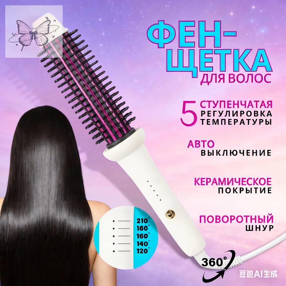 Фен-щетка для волос 00782D6955BE4DBEB97DE3661E25DA14 500 Вт, кол-во насадок 1, белый, сиреневый