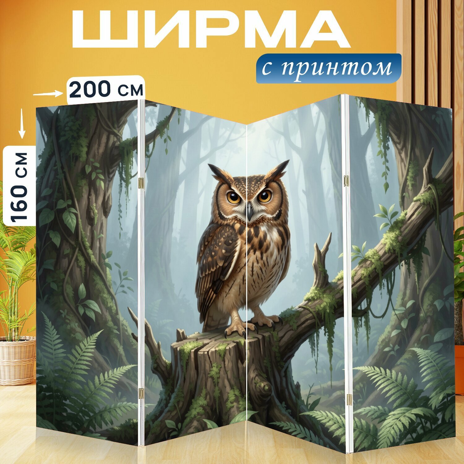 Ширма "Сова в мистическом лесу. Хищная птица на старом пне среди туманной чащи, окружённой мхом, папоротниками." перегородка для зонирования комнаты с принтом 200x160 см. на холсте