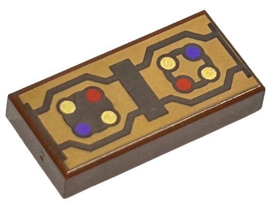 Tile 1 x 2 with Dark Brown Rectangle and Angled Lines and Dark Purple, Gold and Red Dots Pattern (BrickHeadz Albus Dumbledore Robe Trim), 3069pb0659 Reddish Brown U