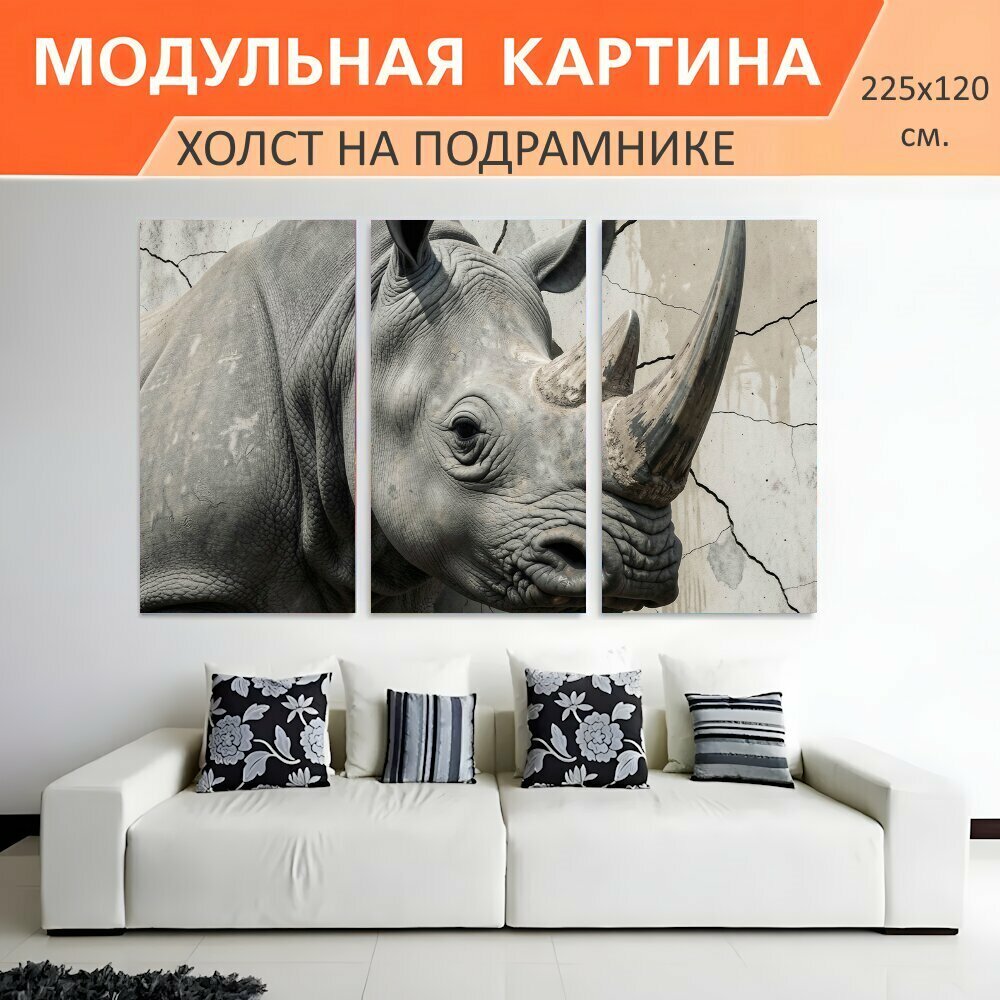 Модульная картина на холсте "Носорог у потрескавшейся стены. Крупный хищный гигант с мощным рогом на фоне растрескавшейся бетонной." триптих на подрамнике 225х120 см. для интерьера