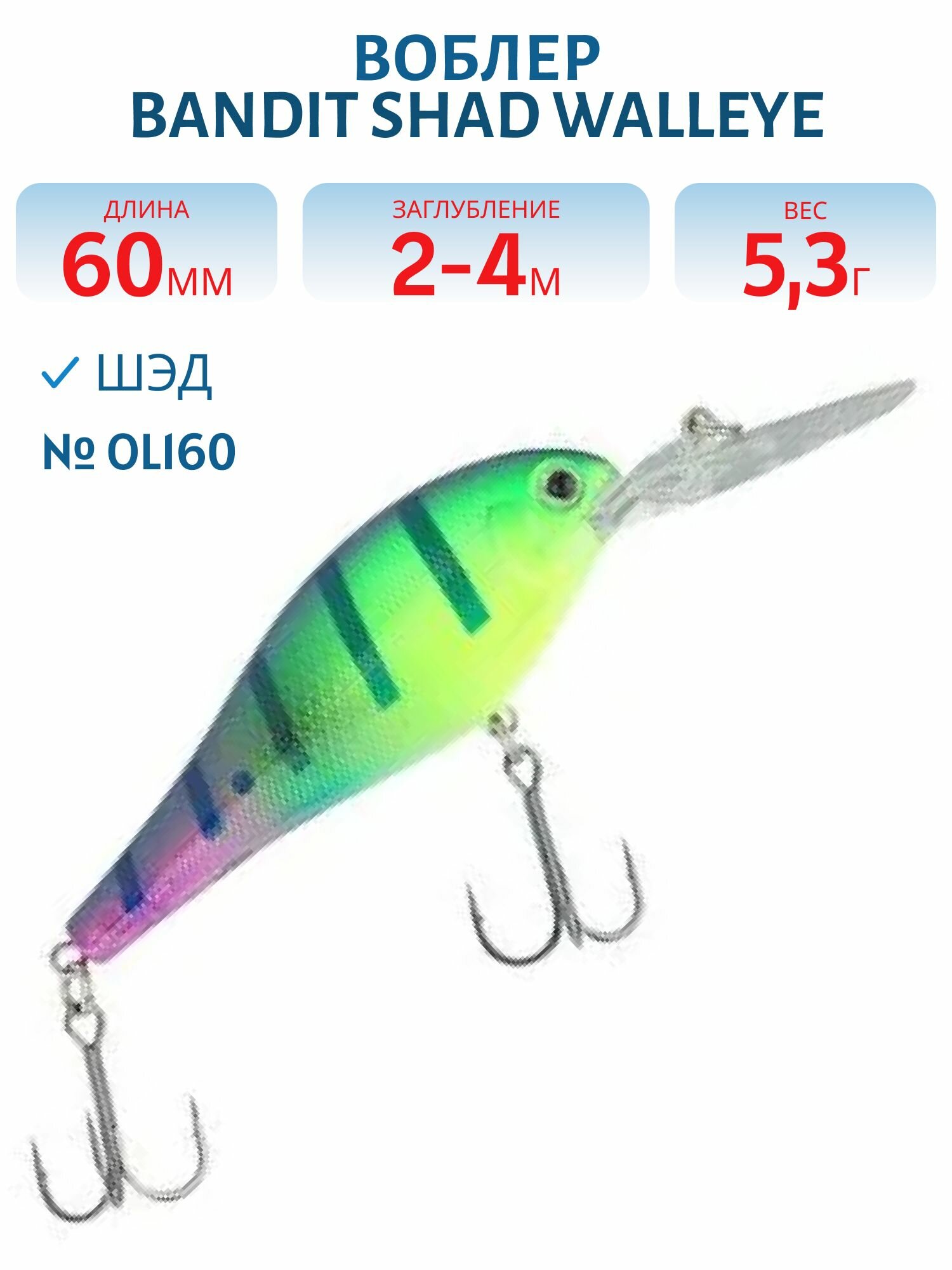 Воблер BANDIT SHAD WALLEYE 1, 60 мм, 5,3 гр, цвет OL160