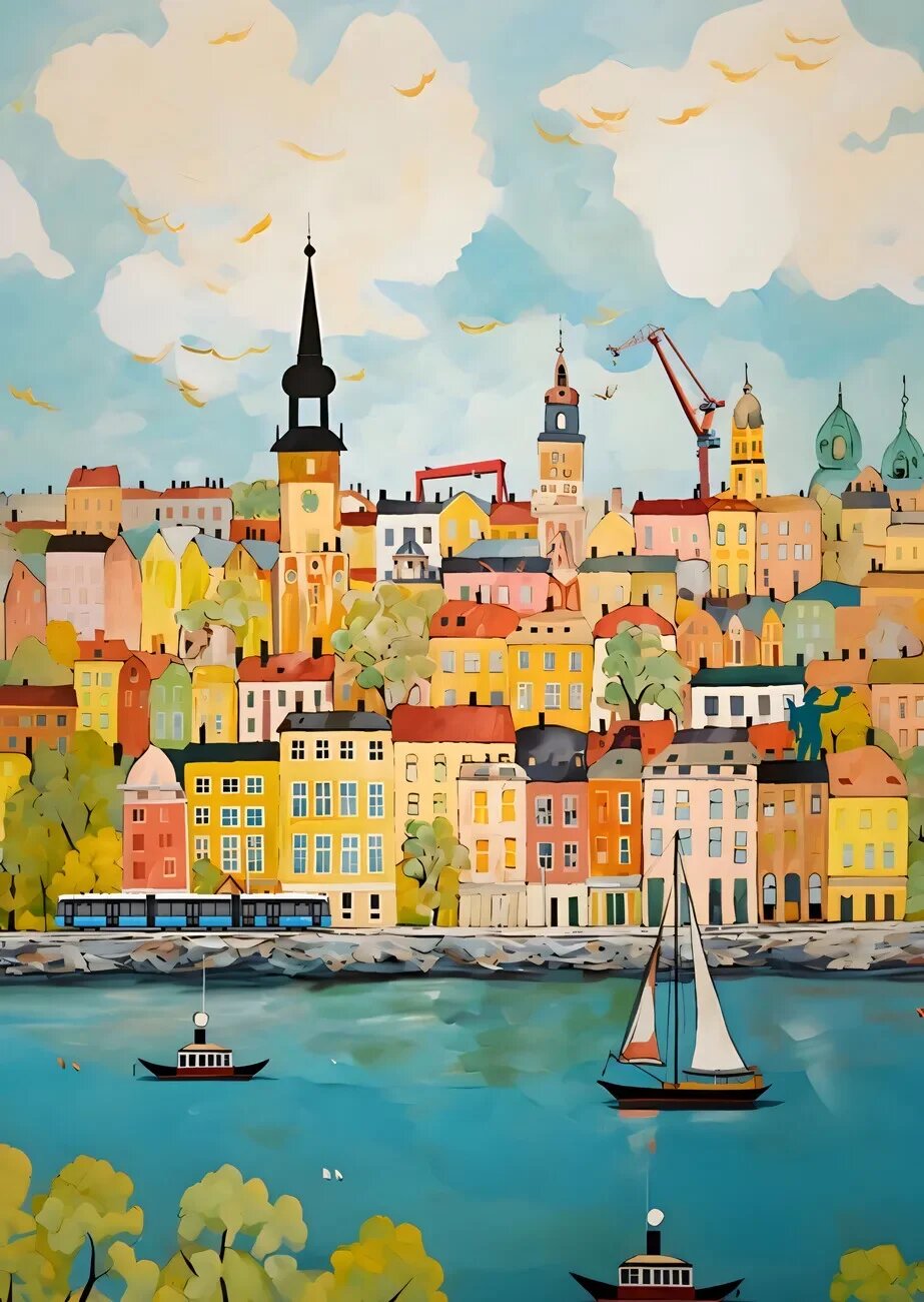 Пейзаж города на холсте, 30x40 см, PURPLE