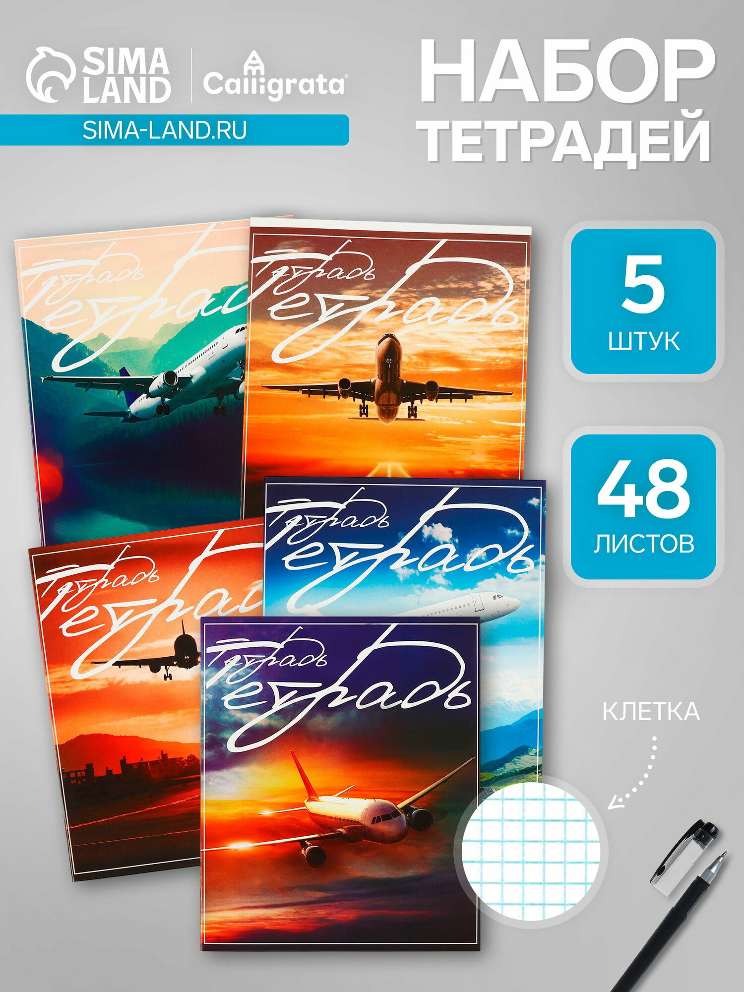 Набор тетрадей, 48 листов в клетку, "Самолеты", серые листы, 5 штук