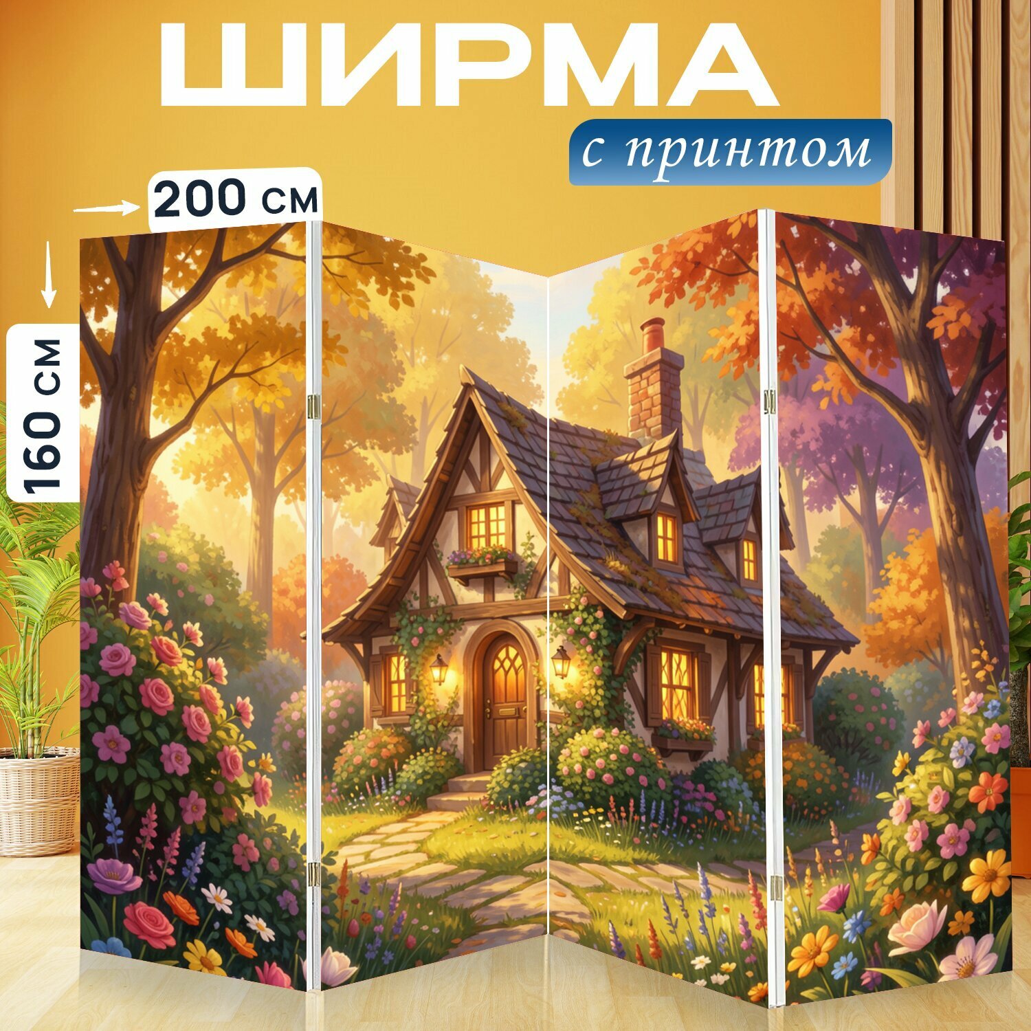 Ширма "Сказочный домик в цветущем саду. Уютное деревянное жилище среди яркого цветочного моря и осенних." перегородка для зонирования комнаты с принтом 200x160 см. на холсте