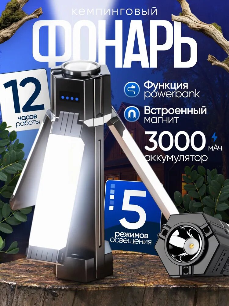 Фонарь кемпинговый аккумуляторный. Яркий подвесной и переносной туристический фонарь, с магнитом и функцией powerbank