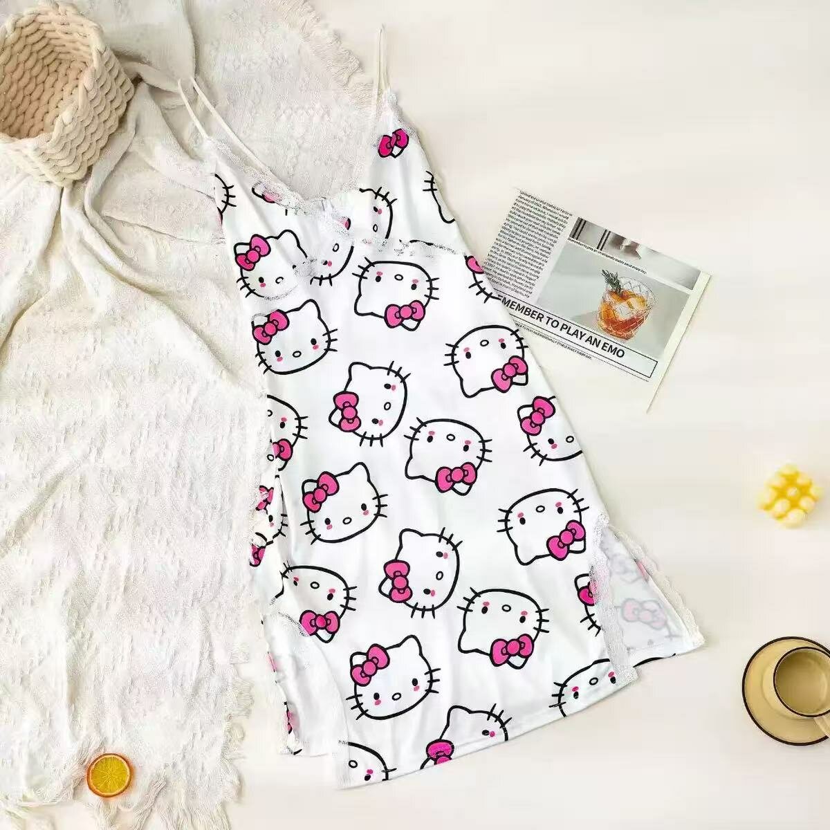 Sanrio Hello Kitty фигурка Новая ночная рубашка с подвязками из чистого кружева, тонкая домашняя одежда M45-50KG