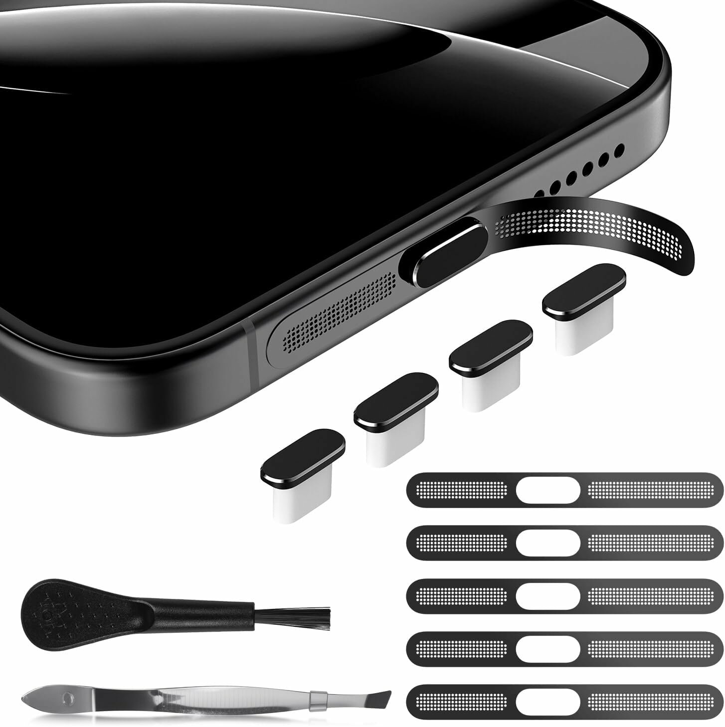 USB-C пылевая заглушка для iPhone 15/16/17 (5 шт) и титановые сетки для динамика (5 шт) — набор с щеткой и пинцетом