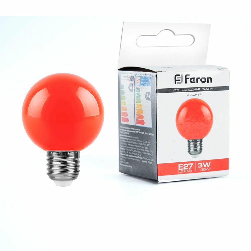 Лампа светодиодная E27 3 Вт G60 шар красный свет Feron LB-371 25905