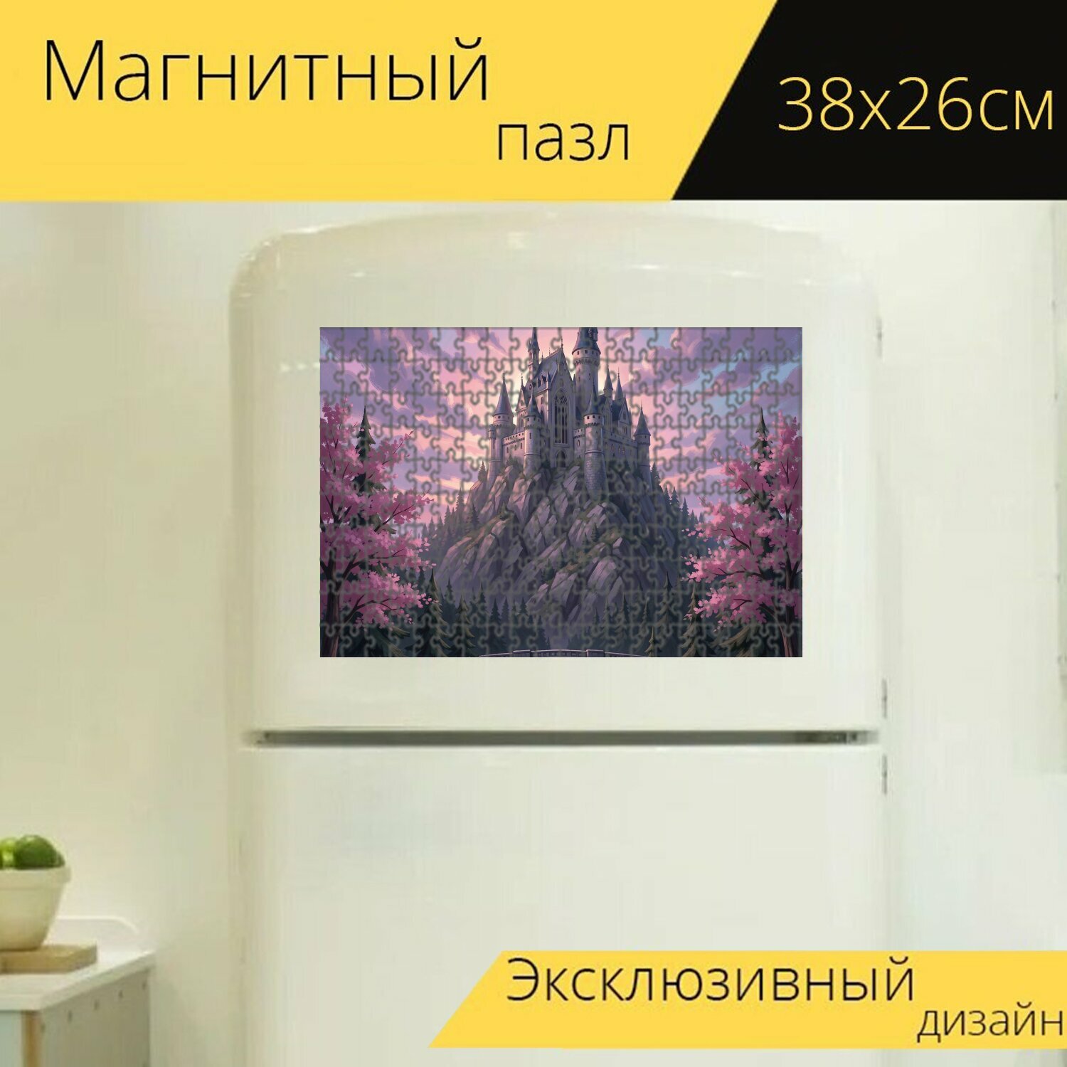 Магнитный пазл "Сказочный замок на скале. Фэнтезийный дворец с высокими башнями возвышается над утесом среди хвойного леса и цветущей сакуры. Розово-лиловое." для интерьера, 38х26 см.