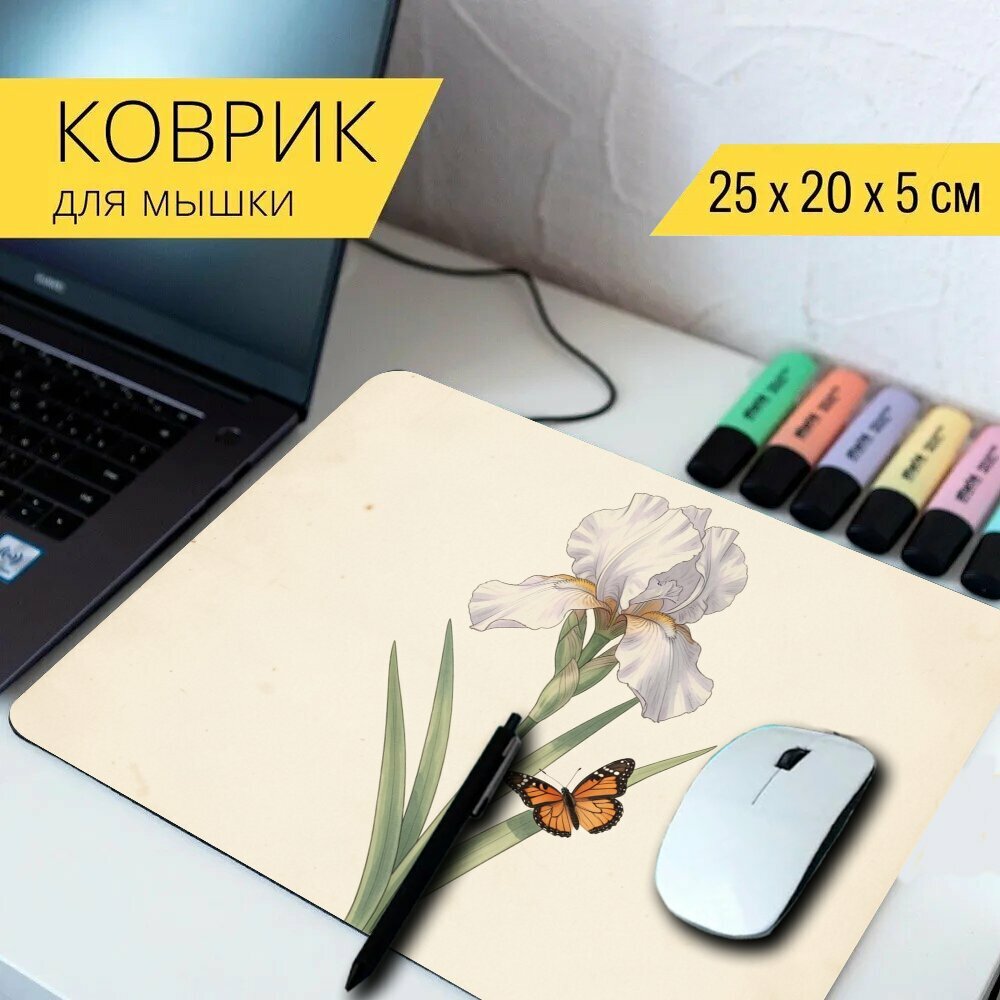 Коврик для мыши с принтом "Белый ирис с бабочкой. Нежный ботанический рисунок цветка в винтажном стиле: светлые лепестки, зеленые длинные листья, оранжево-черная монарх на." 25x20см.