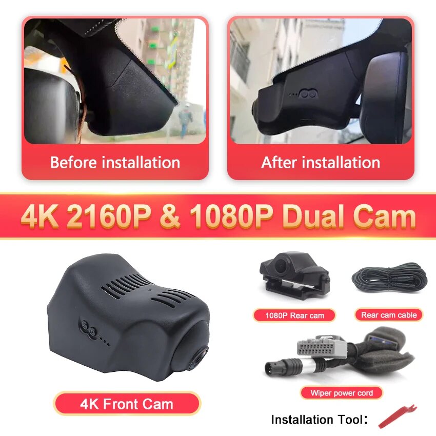 Автомобильный видеорегистратор 4K 2160P & 1080P Dual Cam, 128G TF