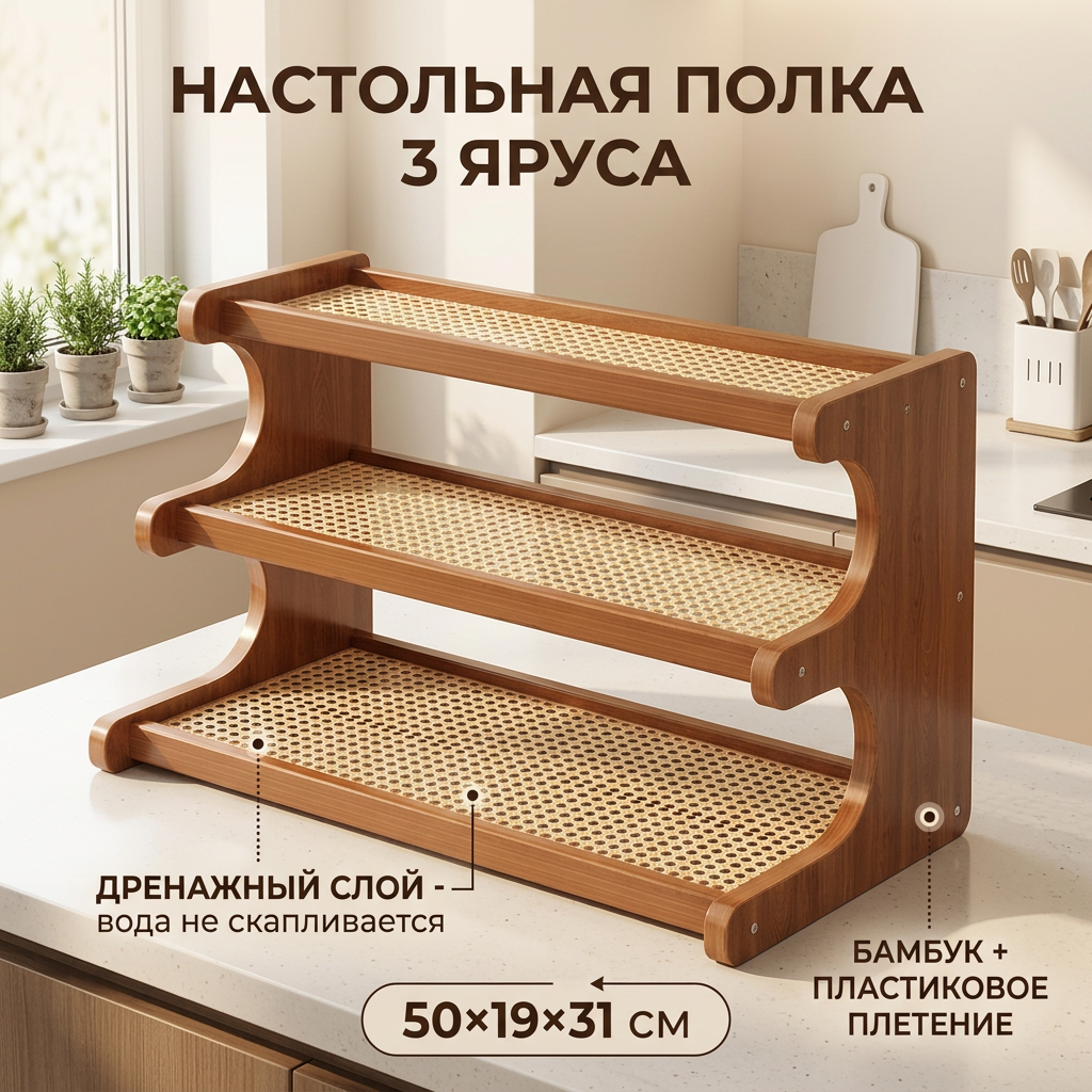 Полка Настольная Прямая, 50х31х19 см, 3 этажа，1 шт. Горячий стиль продаж
