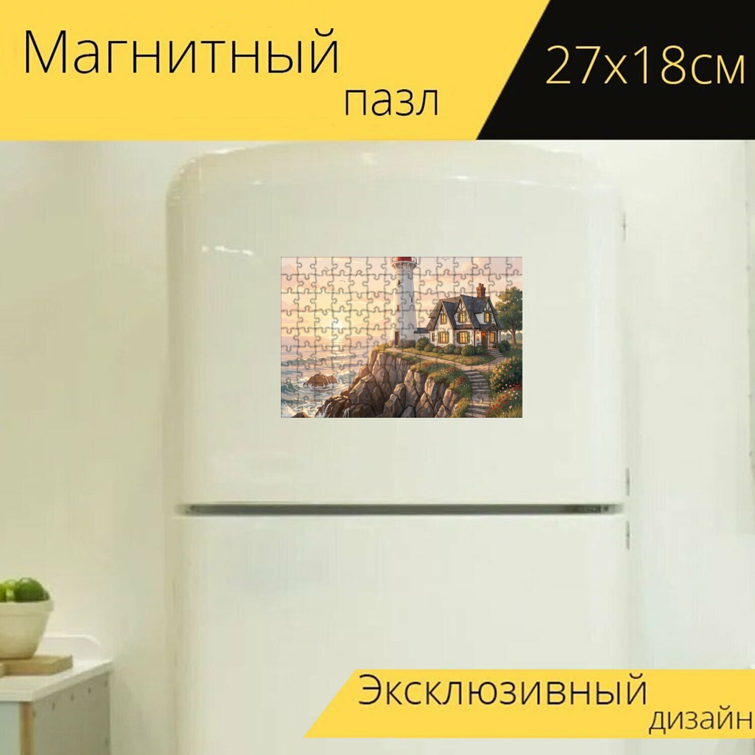 Магнитный пазл "Маяк и дом у моря. Уютный coastal пейзаж: белая башня на скалистом берегу, коттедж, океанские волны, камни, садовые цветы, чайки и." на холодильник 27 x 18 см.