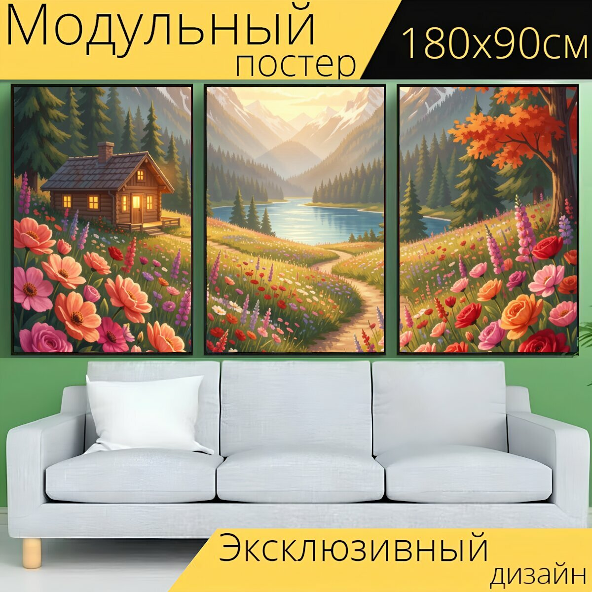 Модульный постер "Горное озеро и цветочная долина. Сказочная цифровая живопись: уютный дом у воды, хвойные леса, заснеженные вершины и." 180 x 90 см. для интерьера на стену в тубусе