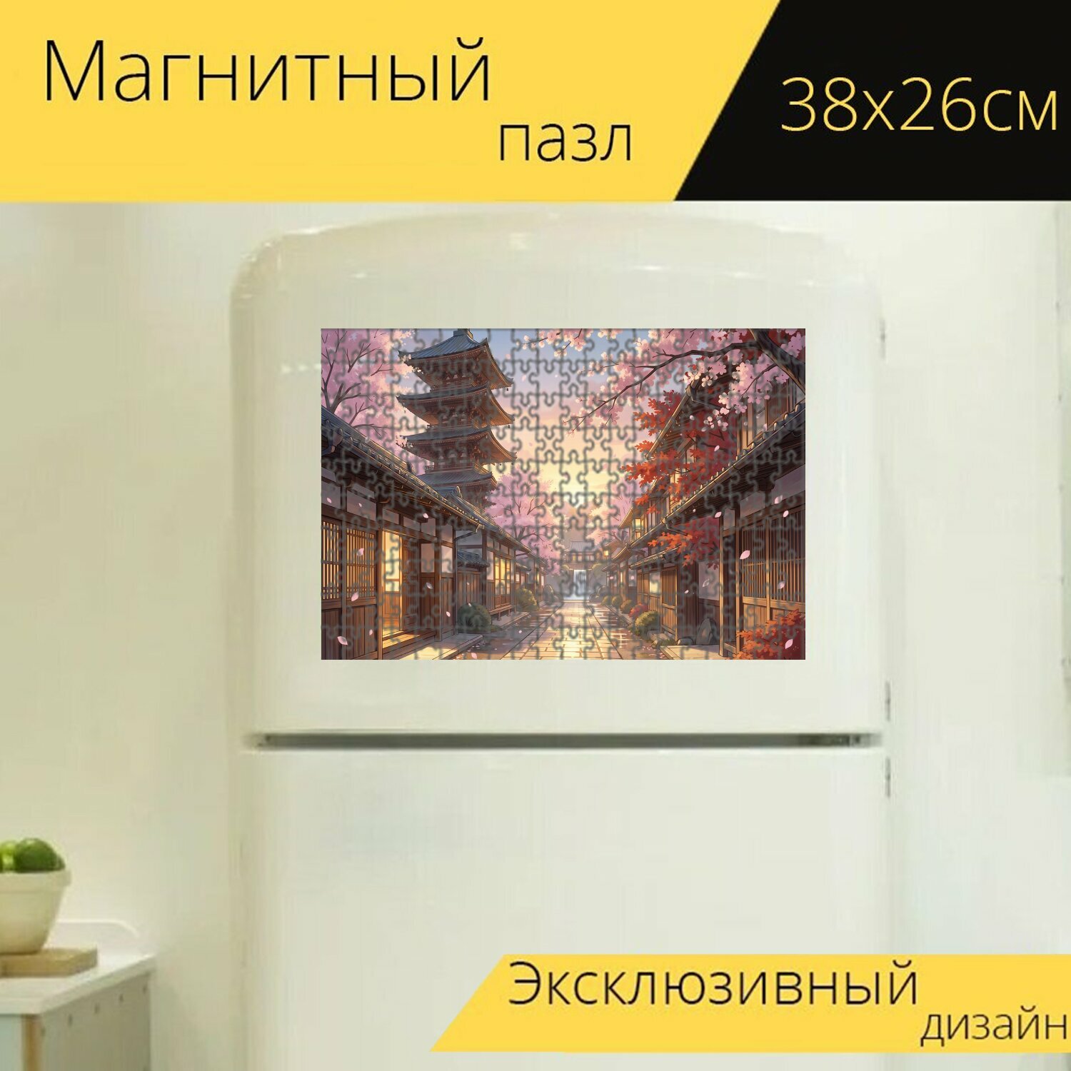 Магнитный пазл "Японский квартал с пагодой на закате. Уютная восточная улица в стиле аниме: древняя многоярусная башня, деревянные дома, цветущая сакура и." для интерьера, 38х26 см.