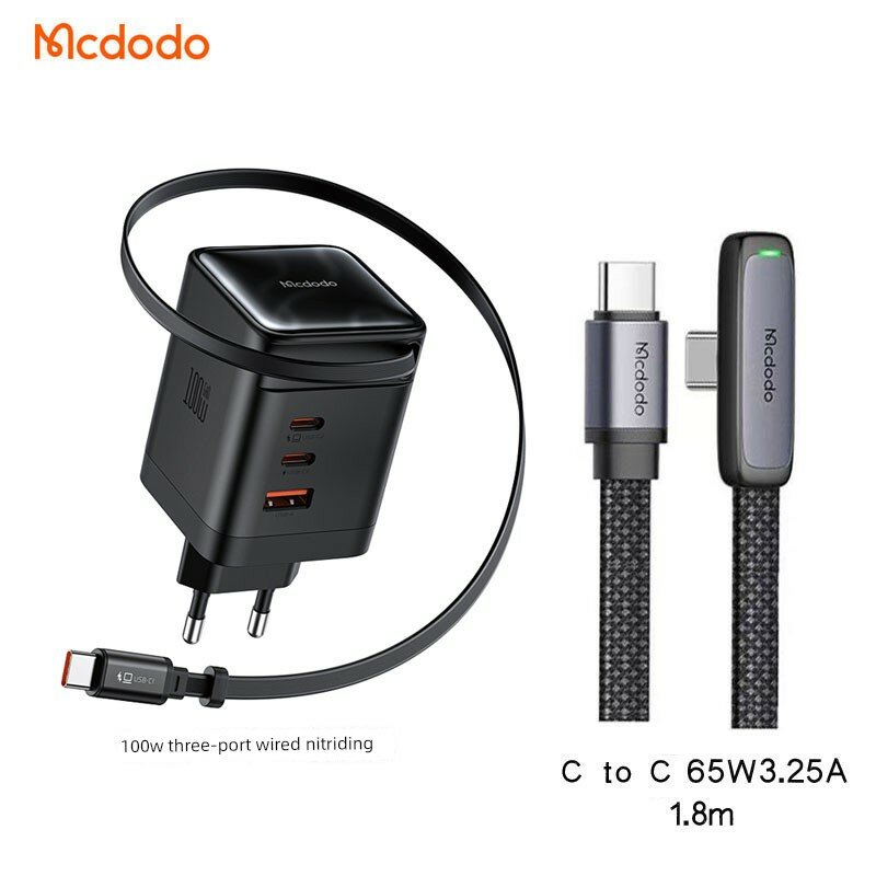 100 Вт GaN USB-C зарядное устройство с изогнутым C-кабелем, европейским разъемом, черный, 65 Вт выход