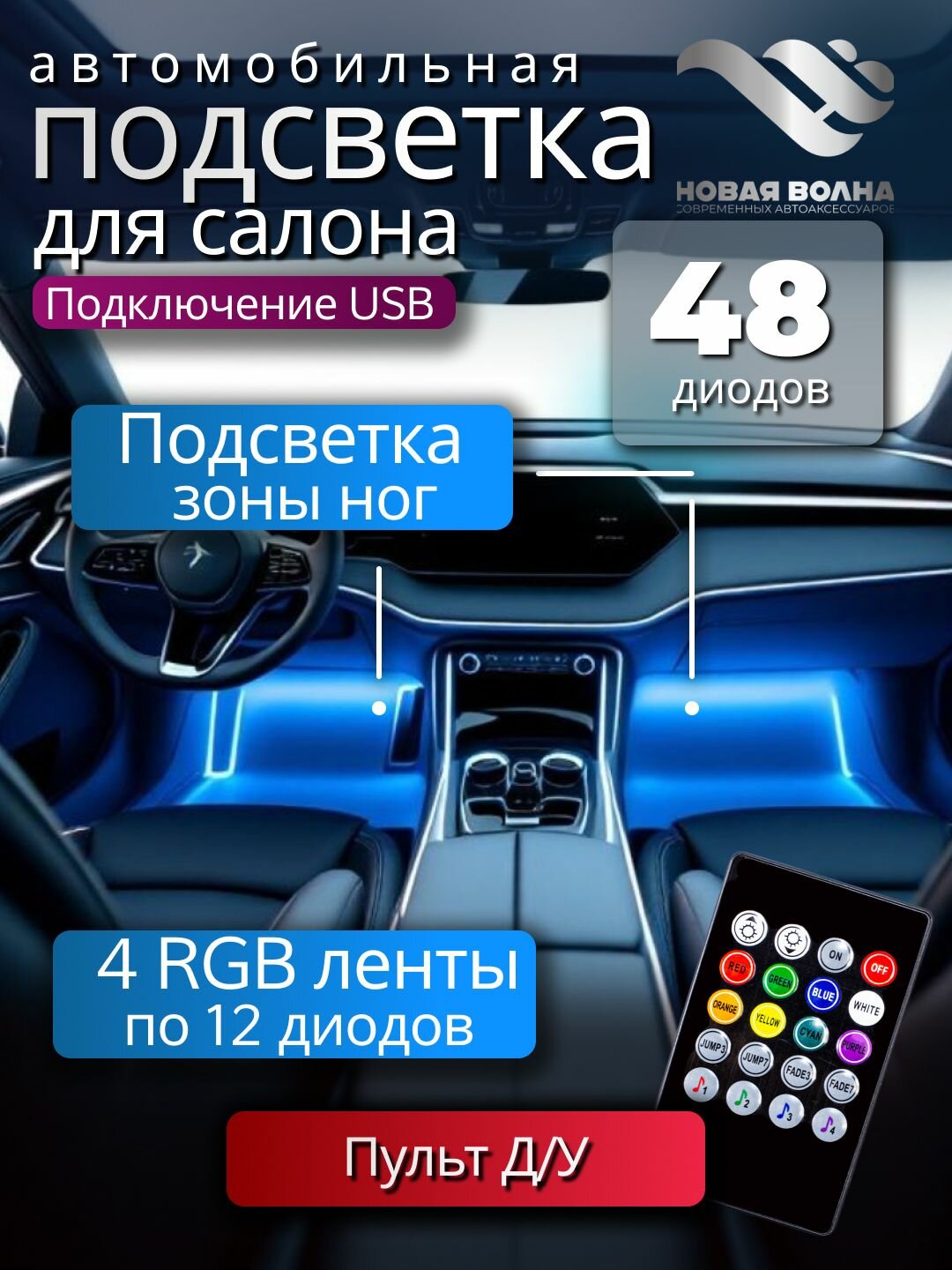 Светодиодная автомобильная подсветка салона с ИК-пультом и цветомузыкой на 48 диодов USB
