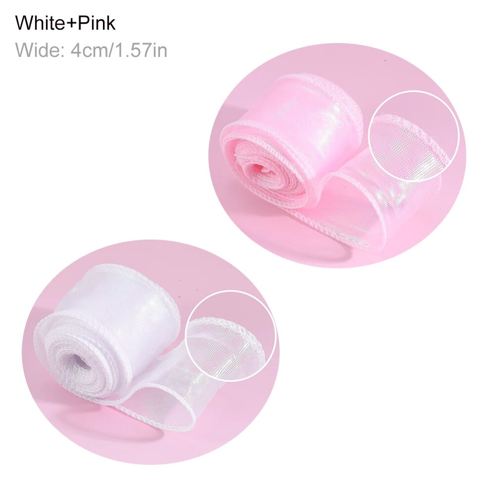 Органзовая лента White+Pink, 4см/1.57in, Цвет: 07 mix 2colors