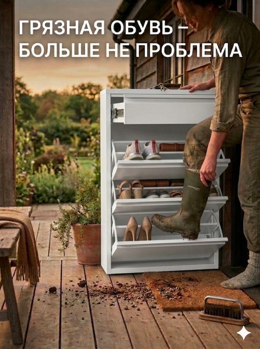 Обувница Металлическая, 3 секции + 1 ящик - Белая
