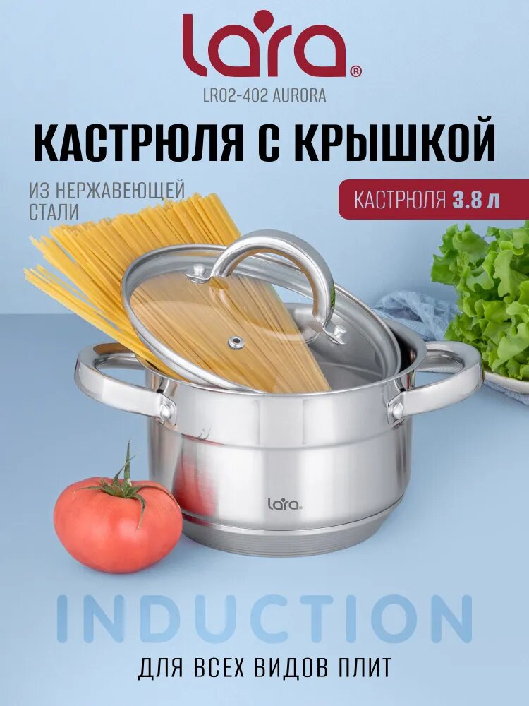 Кастрюля с крышкой 8 л LARA Aurora из нержавеющей стали, для всех видов плит, в т. ч. индукционных плит LR02-405