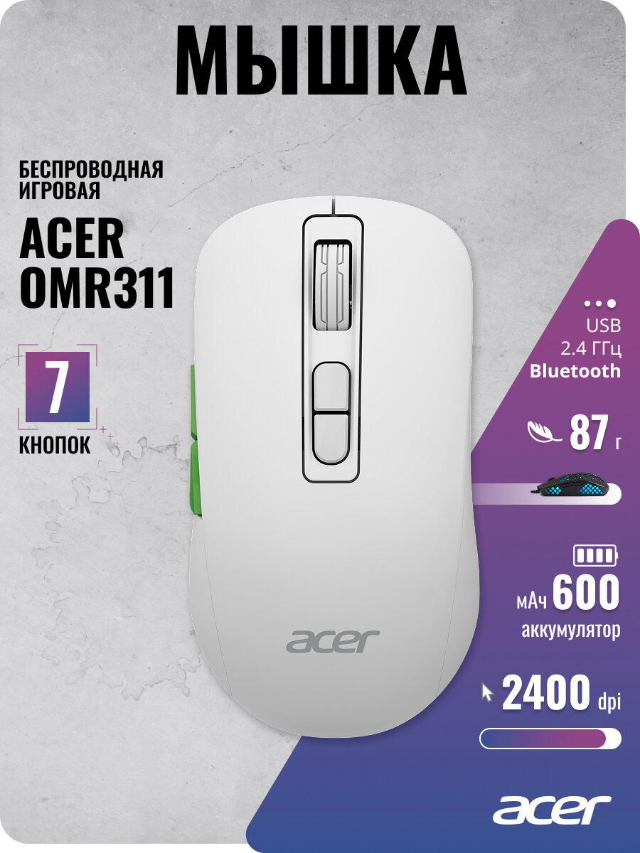 Мышь Acer OMR311, игровая, оптическая, беспроводная, USB, белый [zl. mcecc.034]