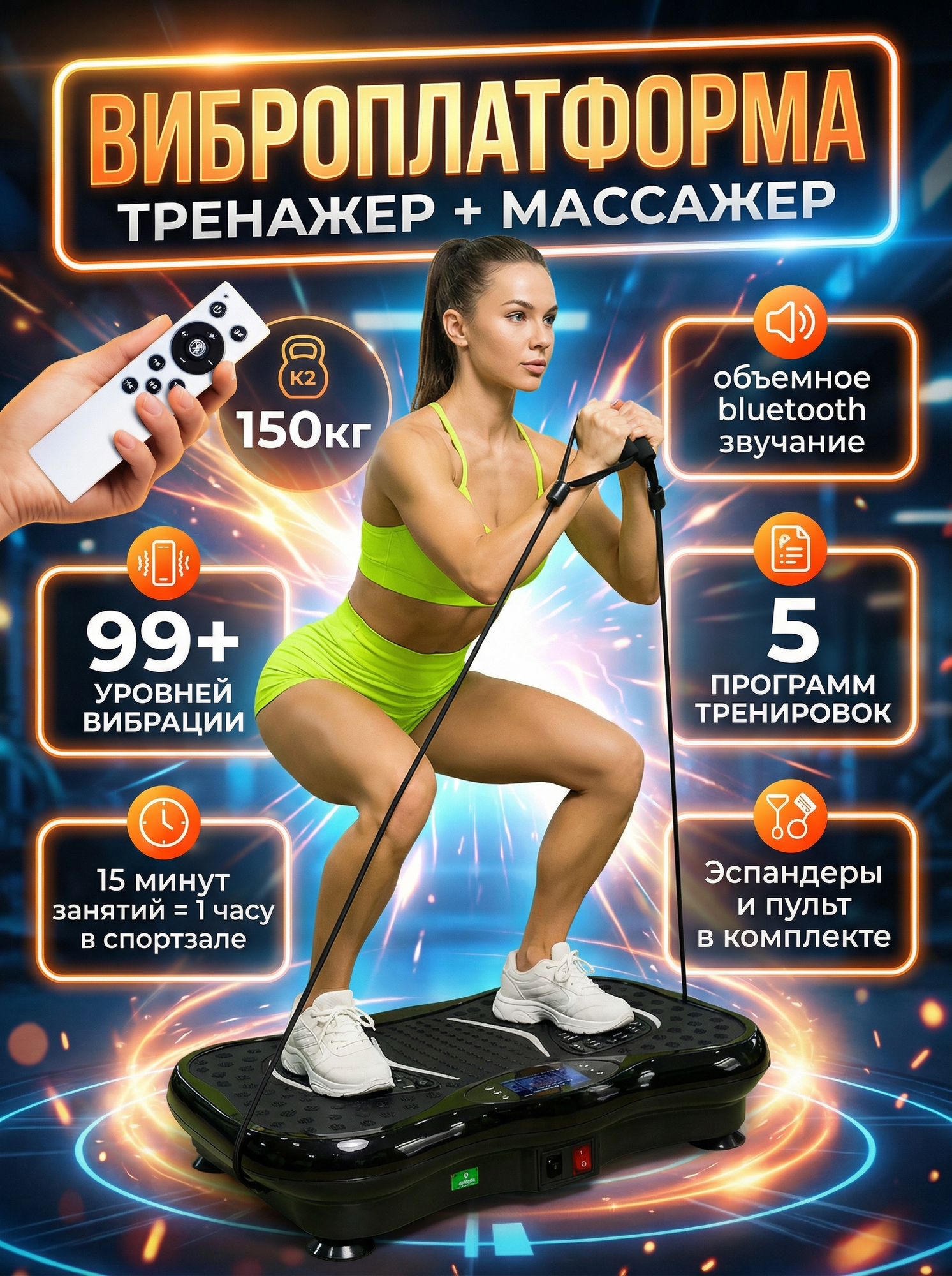 Виброплатформа для похудения тренажер до 150 кг С блютуз，регулировка амплитуды, 99 программ