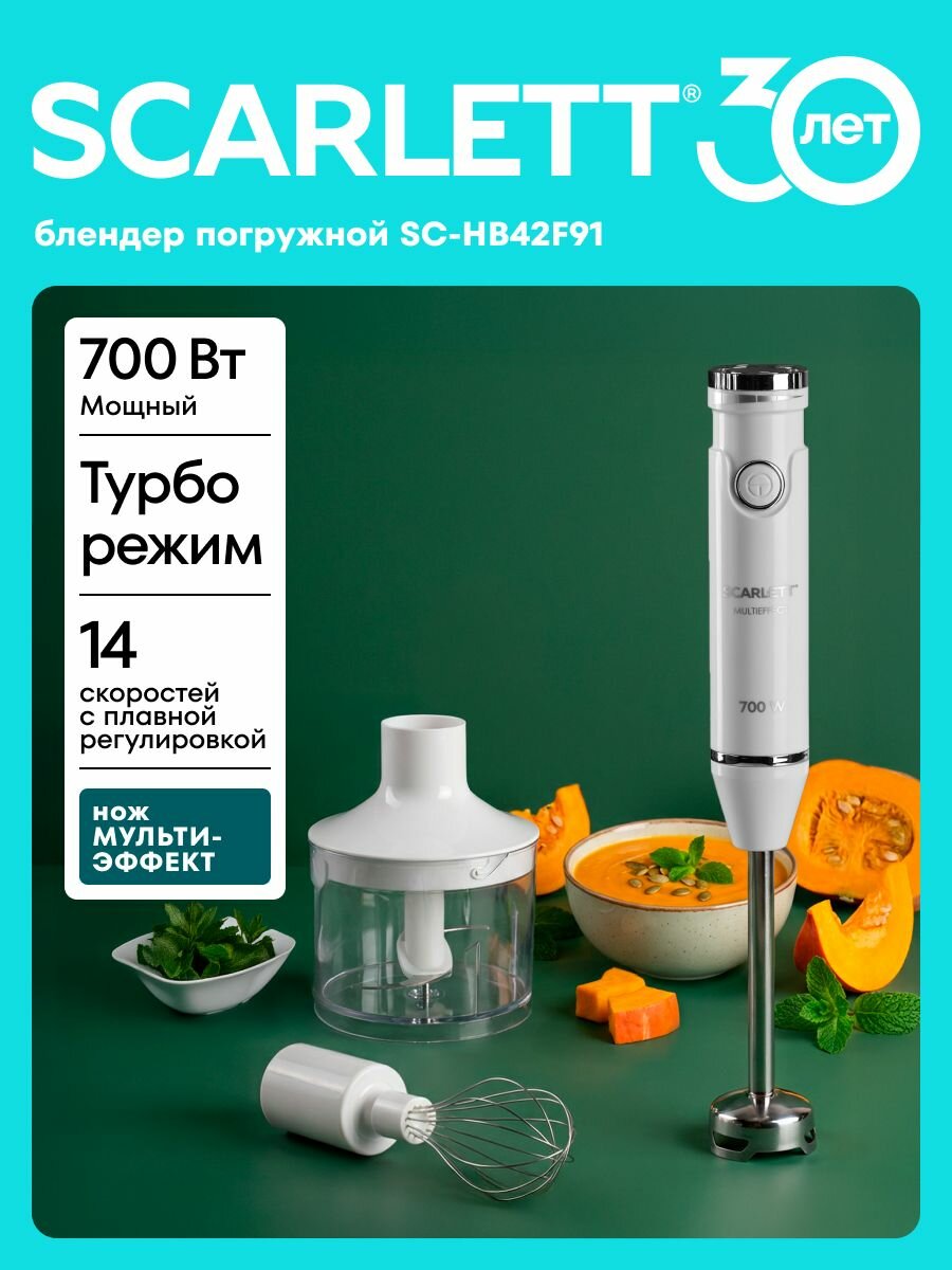 Scarlett Погружной блендер SC-HB42F91, 3 в 1 (Блендер, Венчик, Измельчитель), Мощность 700 Вт, 14 скоростей, 15 тыс. об/мин, белый, серый металлик