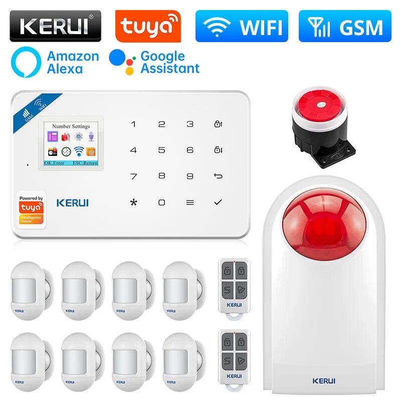 Система безопасности дома KERUI Tuya Smart W181 для защиты от воров: центральная единица с Wi-Fi и GSM, панель сигнализации, управление через приложение Smart Life, Motion-KIT 2