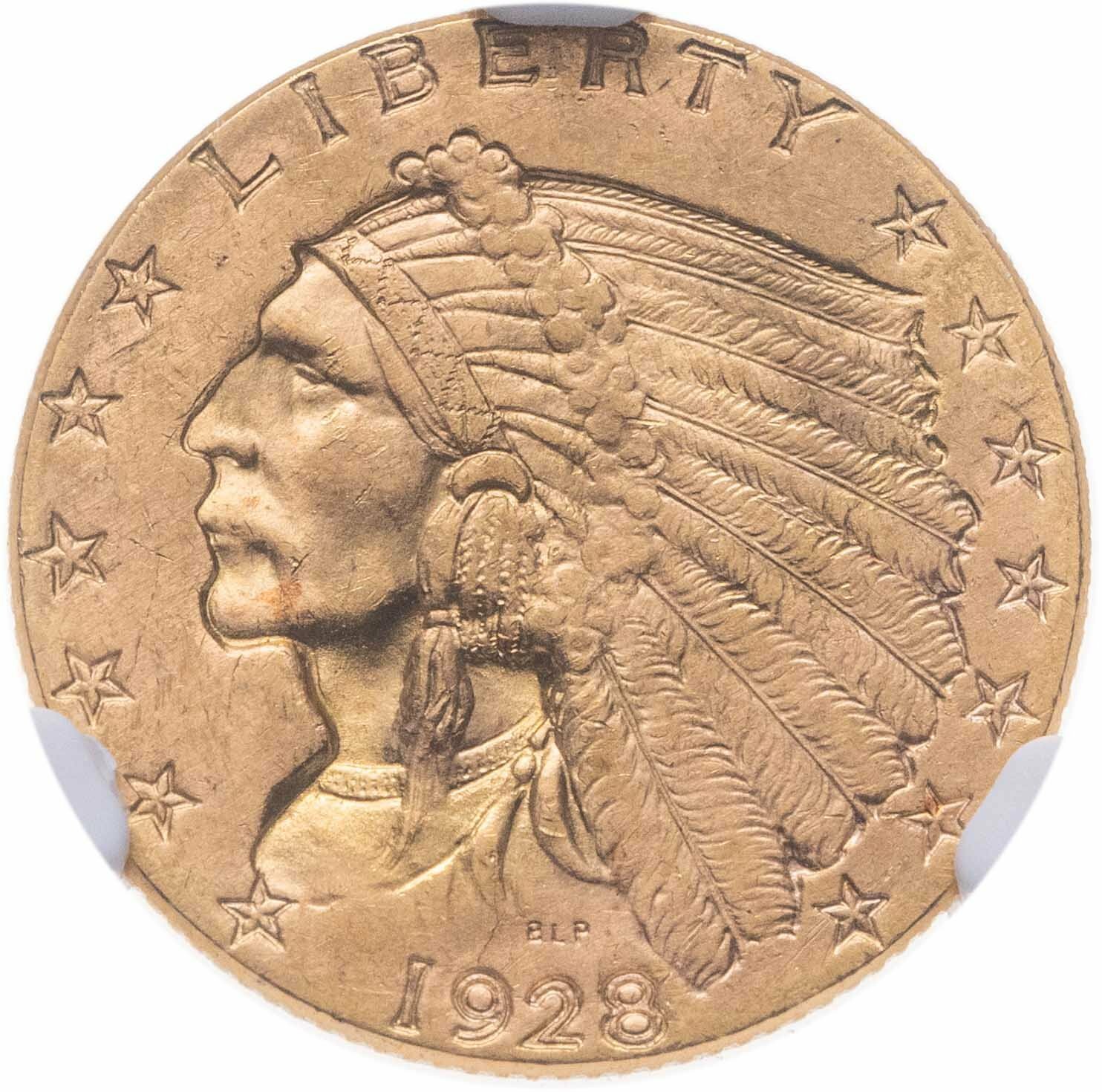 США 2 1\2 доллара 2,5 dollars 1928 "Голова индейца" в слабе NGC MS62, Золото 900
