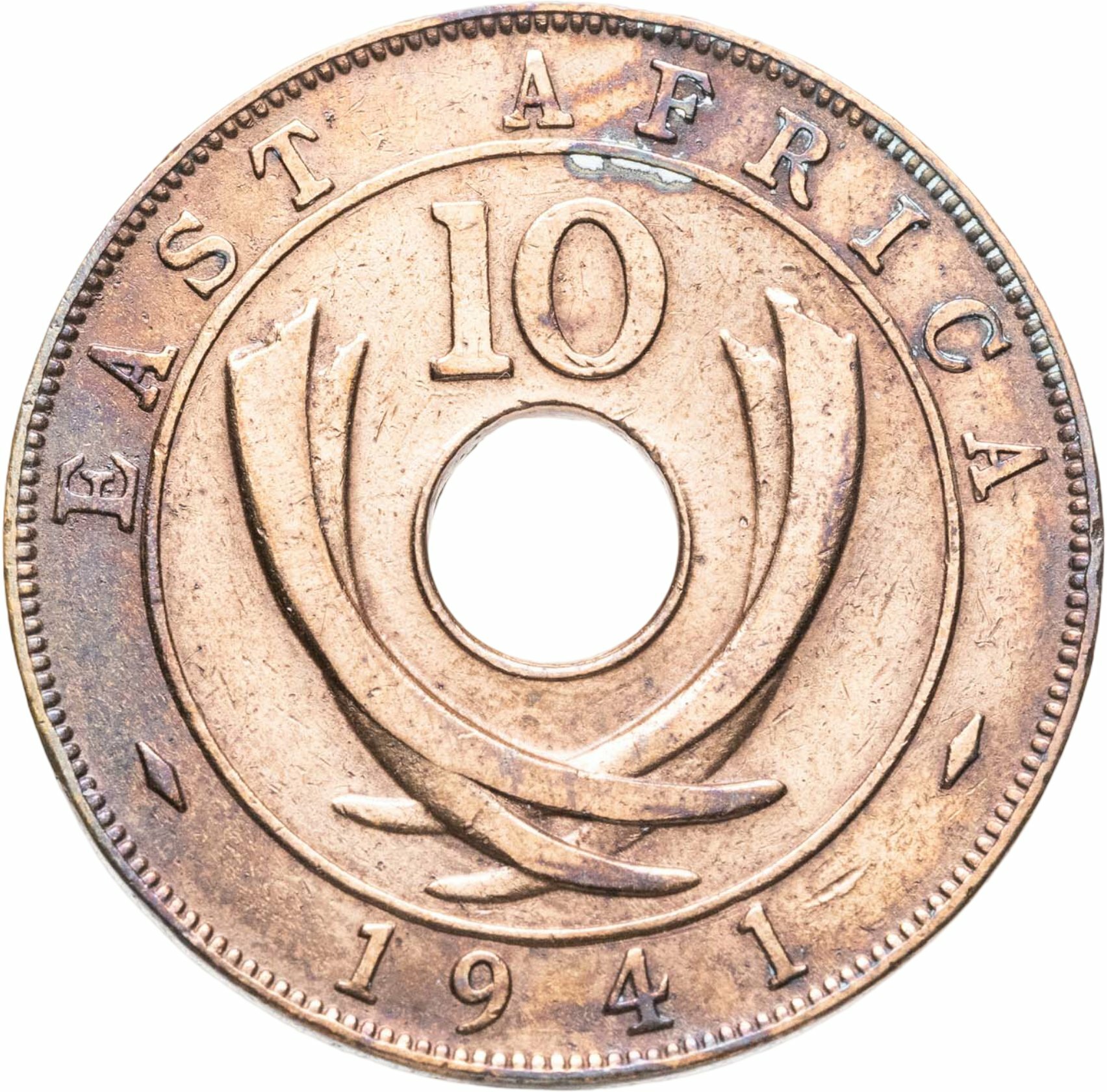 Британская Восточная Африка 10 центов cents 1941 I знак монетного двора: "I" - Бомбей, Бронза, в сохранности VF