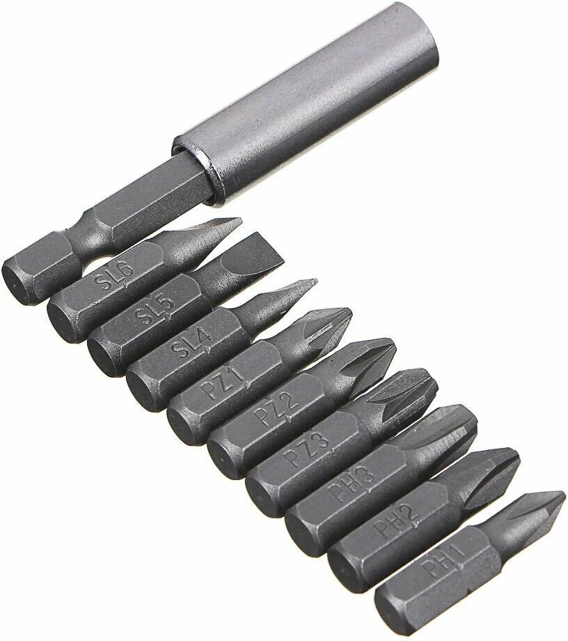 Биты Ермак 9 шт PZ1, PZ2, PZ3, PH1, PH2, PH3, SL4, SL5, SL6 с магнитным держателем