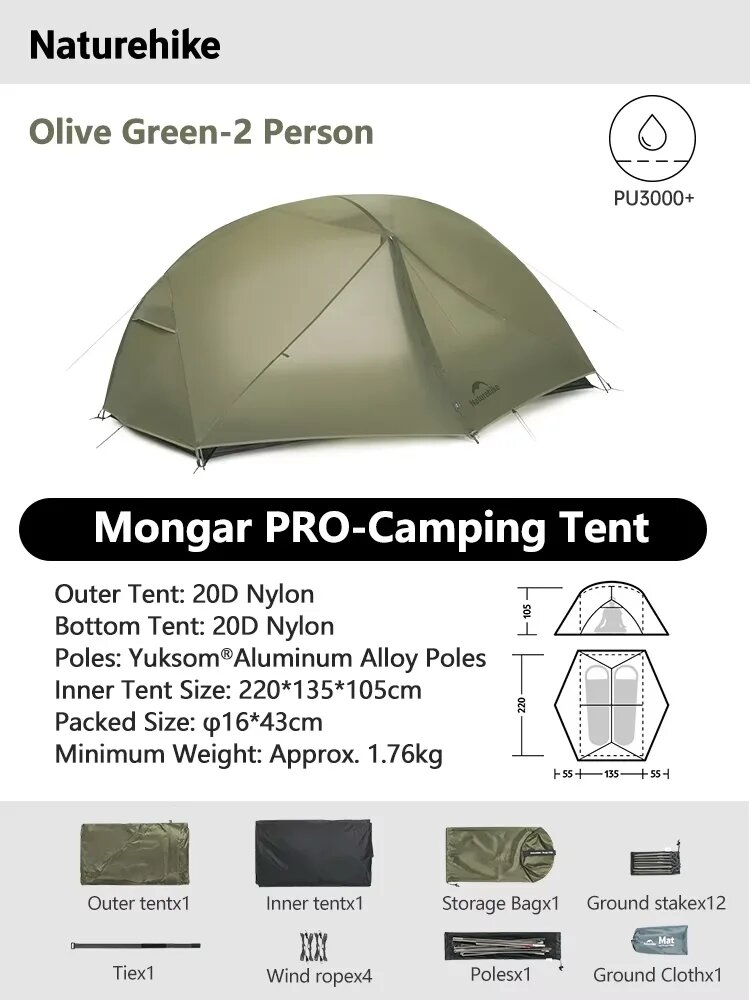 Naturehike Mongar Pro\Base 1-3 палаткой из нейлона 20D