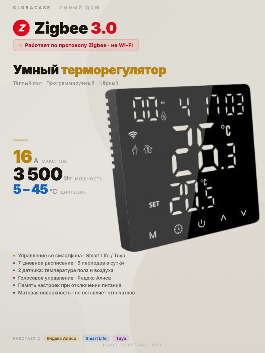 Умный Терморегулятор для тёплого пола программируемый с Zigbee, универсальный черный