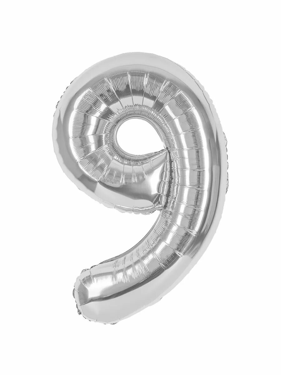 Шар (40'/102 см) Цифра, 9, Серебро, Металлик, 1 шт. в уп.