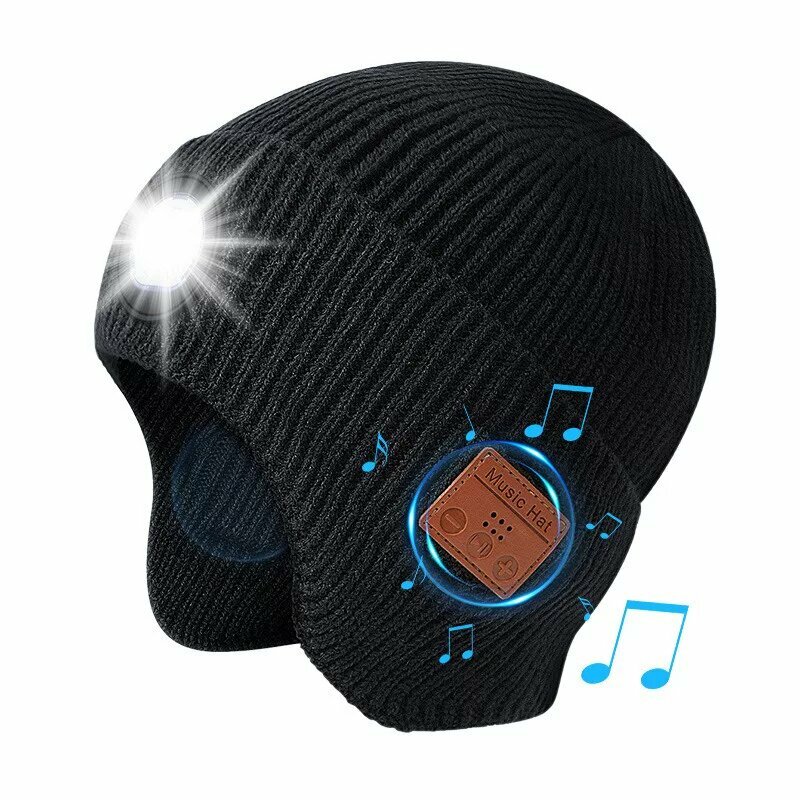 Зимняя теплая Bluetooth-шапка с наушниками, 5.0 стереозвук, громкая связь, съемная чехол - черный с LED-подсветкой