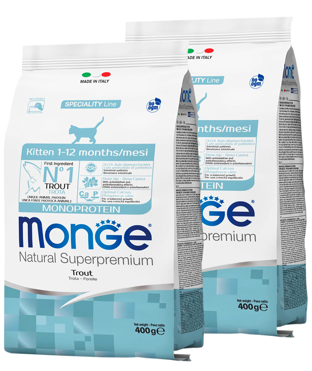 Корм сухой Monge Speciality Monoprotein Kitten Trout монобелковый для котят, форель, 0,4 кг 2 шт