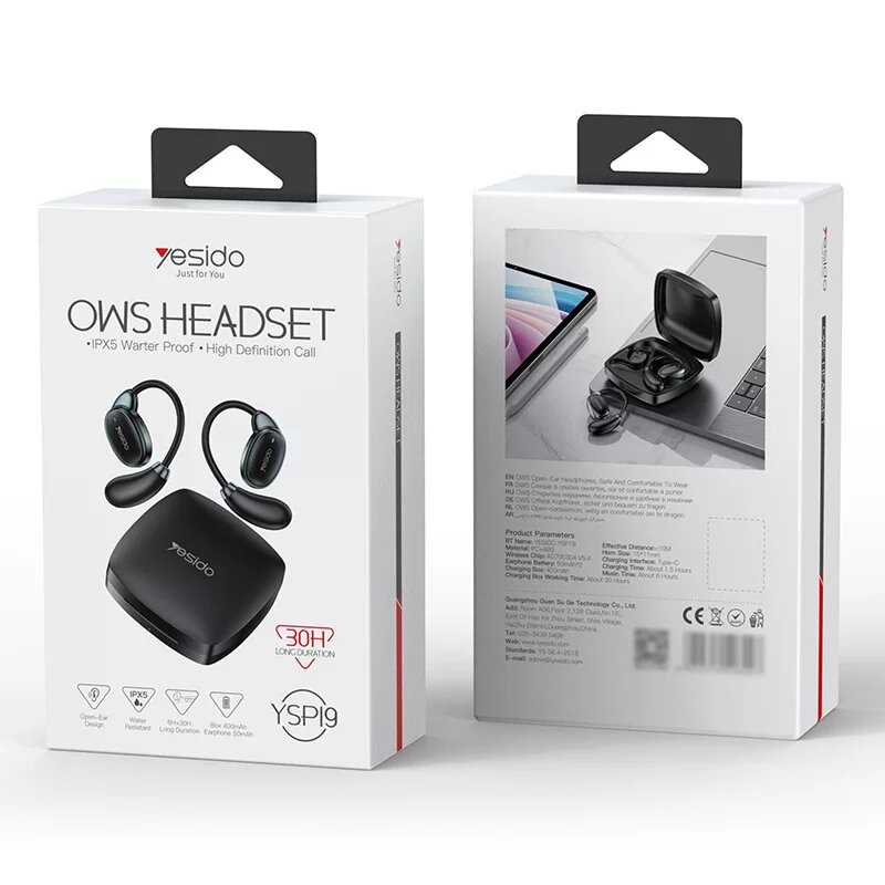 Yesido YSP19 Черные наушники с костной проводимостью беспроводные Bluetooth открытые уши для спорта и комфорта