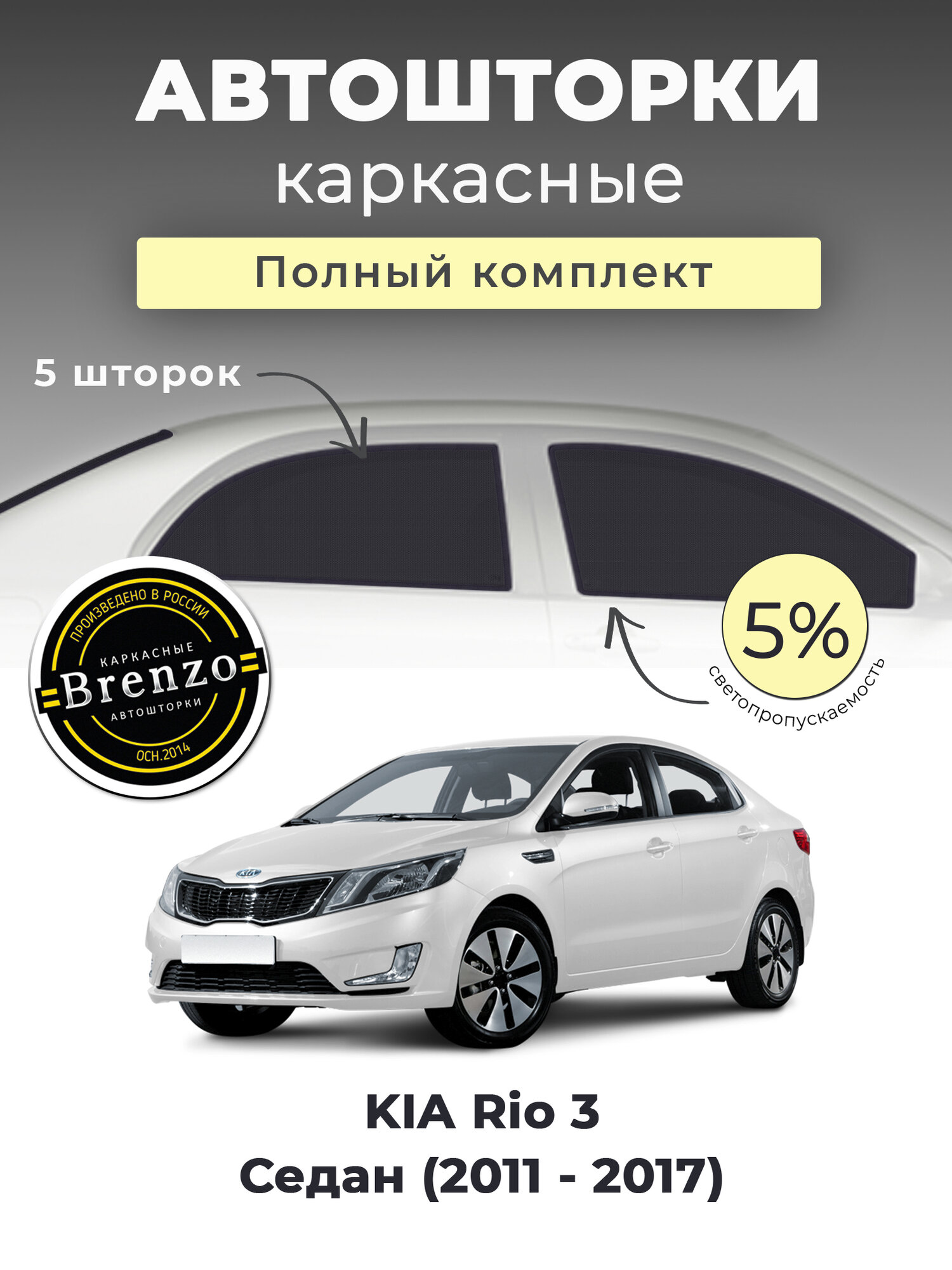 Каркасные шторки KIA Rio 3 Седан (2011 - 2017) полный комплект 5%, сетки от солнца в машину