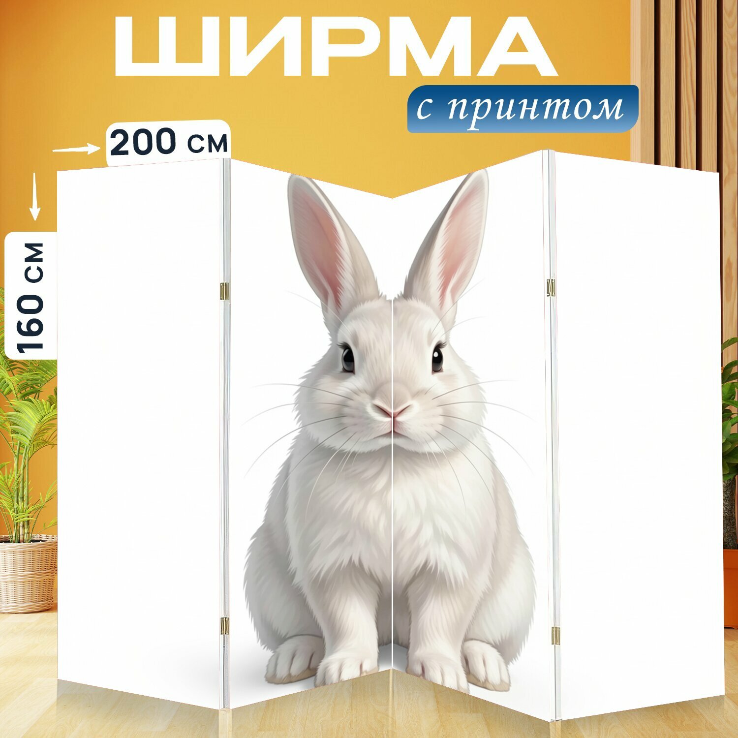 Ширма "Белый кролик на светлом фоне. Милый пушистый зайчик анфас в цифровой иллюстрации, нежная бело-кремовая." перегородка для зонирования комнаты с принтом 200x160 см. на холсте