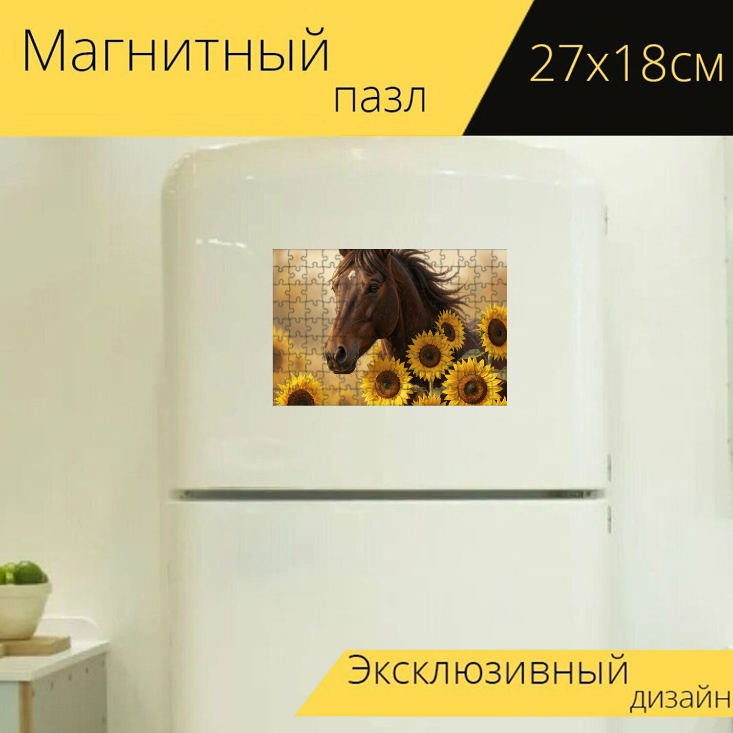 Магнитный пазл "Лошадь среди подсолнухов. Благородный конь с развевающейся гривой на фоне золотистого летнего поля, окружённый яркими солнечными цветами." на холодильник 27 x 18 см.