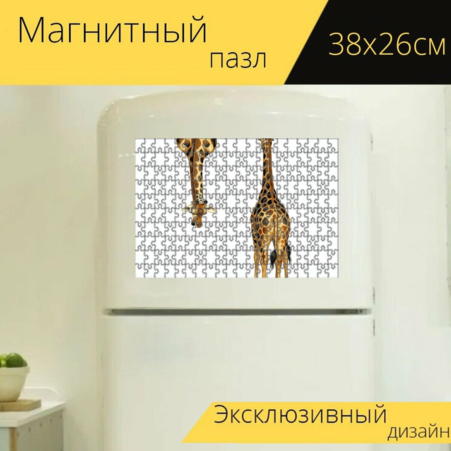 Магнитный пазл "Жирафы на белом фоне. Два пятнистых африканских жирафа в художественной иллюстрации: один виден спереди, другой со спины. Теплые." для интерьера, 38х26 см.